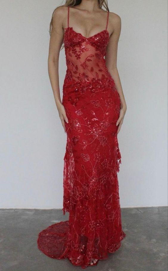 Sexy Red Lace Sequin Long Evening Prom Dress – prommirror