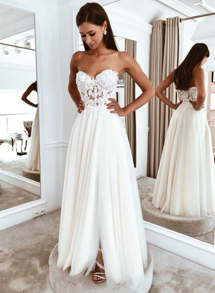 PM384,Sweetheart White Tulle Wedding Gown,Applique Long Bridal Dresses ...